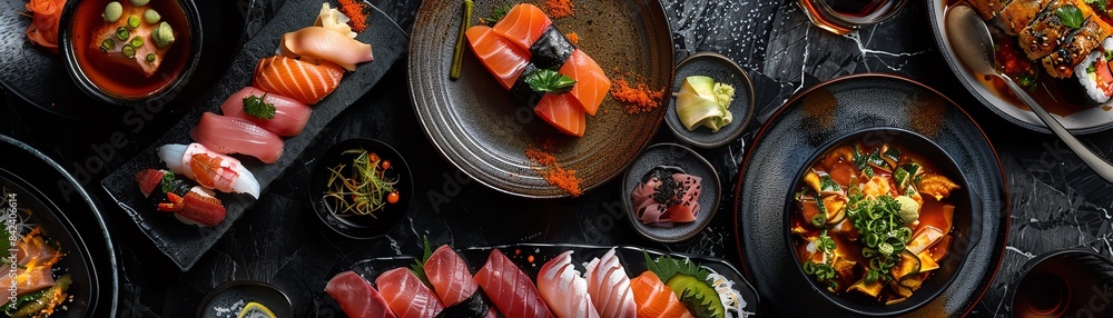 Top view of a vibrant izakaya table with sashimi platters, highlighting ...