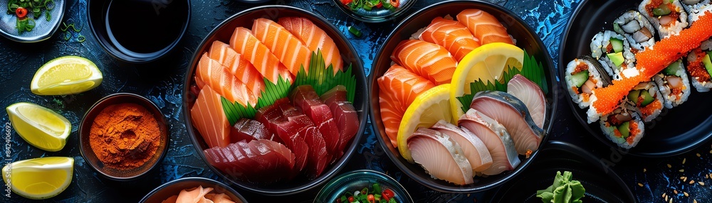 Top view of a vibrant izakaya table with sashimi platters, highlighting ...