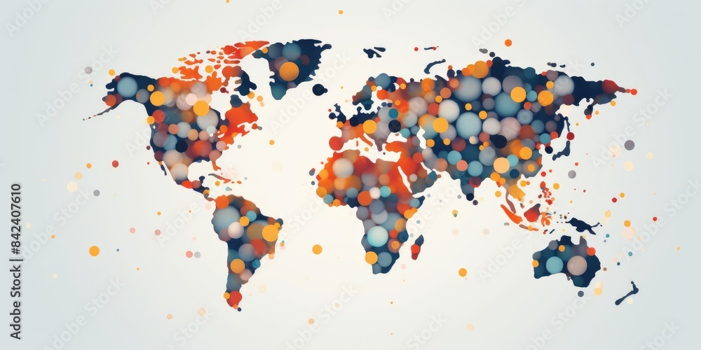 Stylized world map composed of multicolored circles on a white ...