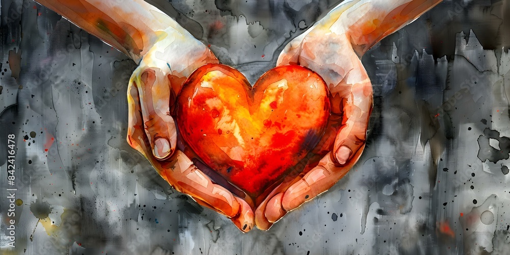 Watercolor painting Hands holding a heart on a grey background. Concept ...