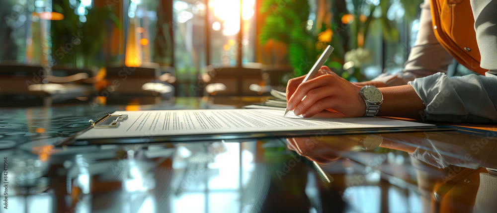Public relations officer writing a press release, modern office with ...