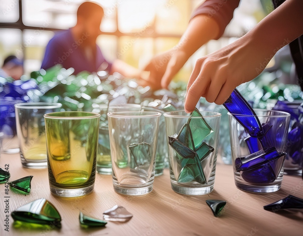 Glass Recycling Workshop Sorting Broken Glass by Color with Safety ...
