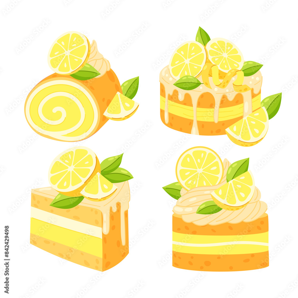 Set of sweet lemon cakes on white background. Lemon cake, bento cake ...