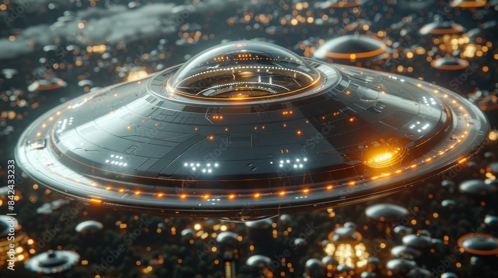 3d render of clear glass UFO with lights, floating in space station ...