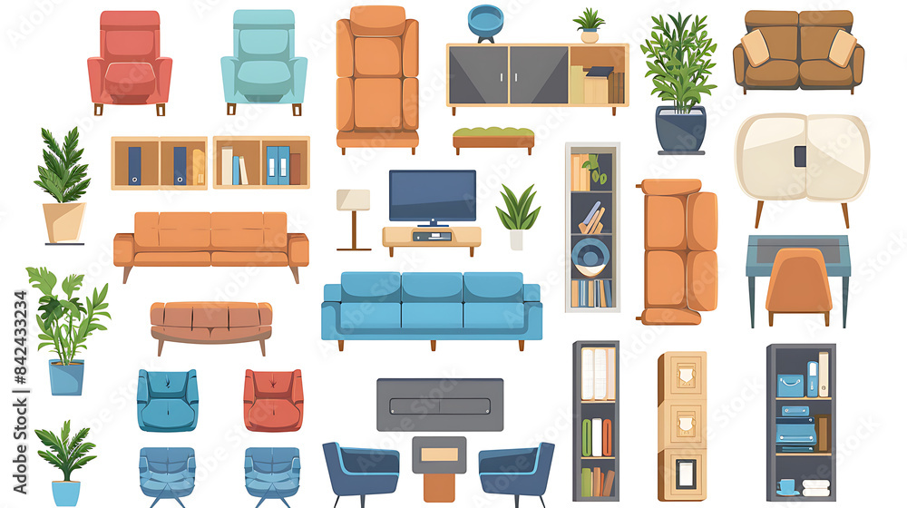 Top view of living room interior with sofa, chair and tv screen. Vector ...