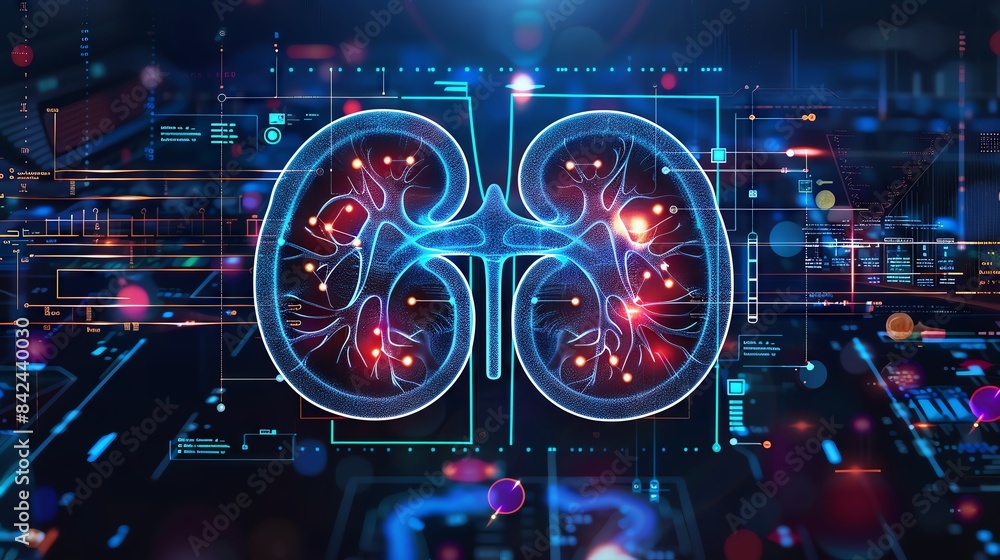 Abstract digital illustration of human kidneys with glowing lines and ...