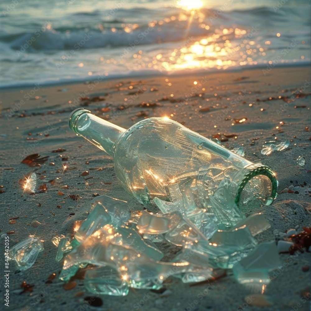 Broken glass bottle on a beach, sunlight glinting off the shards ...