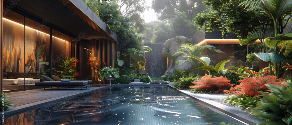 Tropical residence with a stylish pool area and exotic plants, octane ...