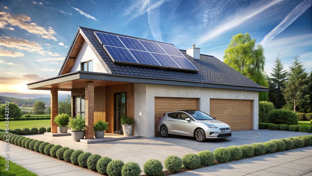 Modern residential house with solar roof, generic electric vehicle ...