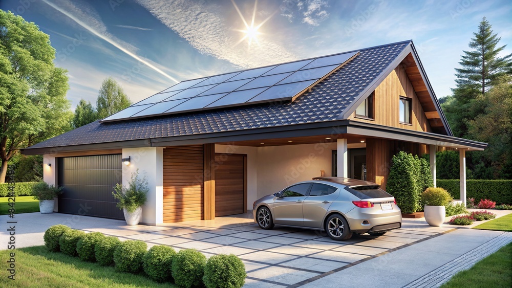 Foto de Modern residential house with solar roof, generic electric ...