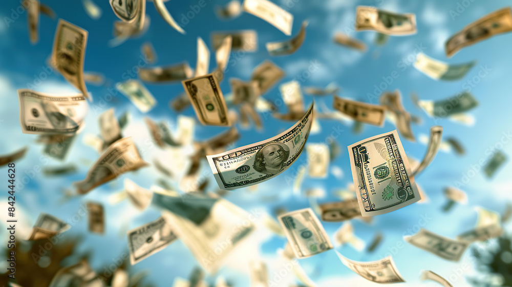 falling dollar bills, flying in the air, blue sky background, realistic ...