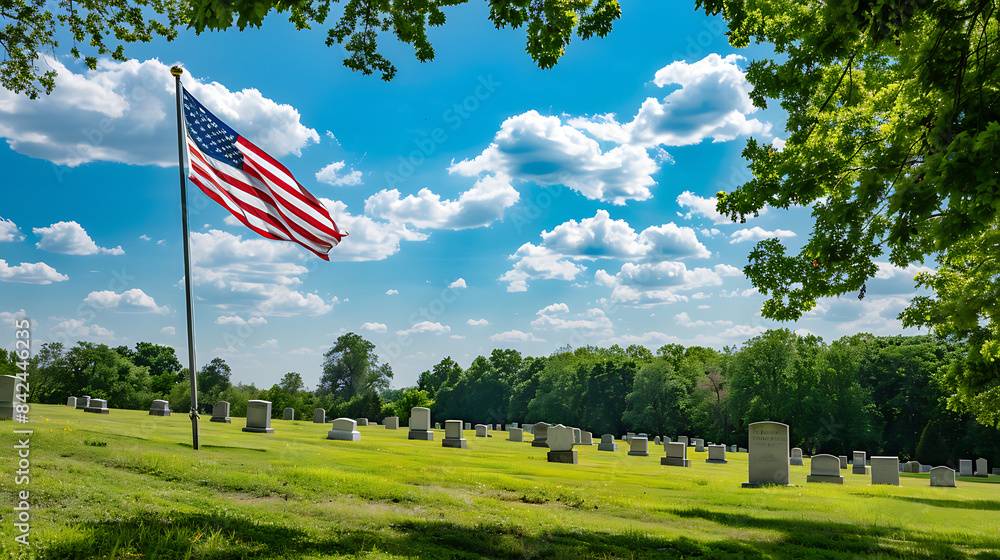 American flag flying over a military cemetery, respectful and solemn ...