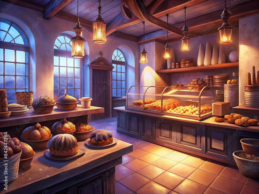 Cozy artisan bakery interior with fresh baked goods on display, artisan ...