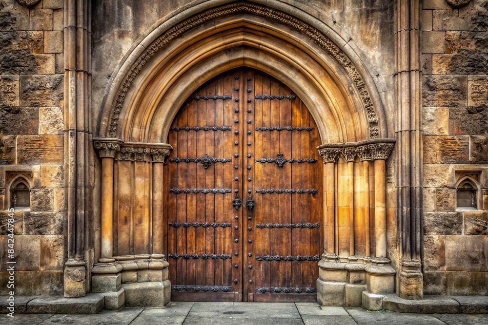 The aged wooden door of a grand cathedral, weathered and worn with time ...