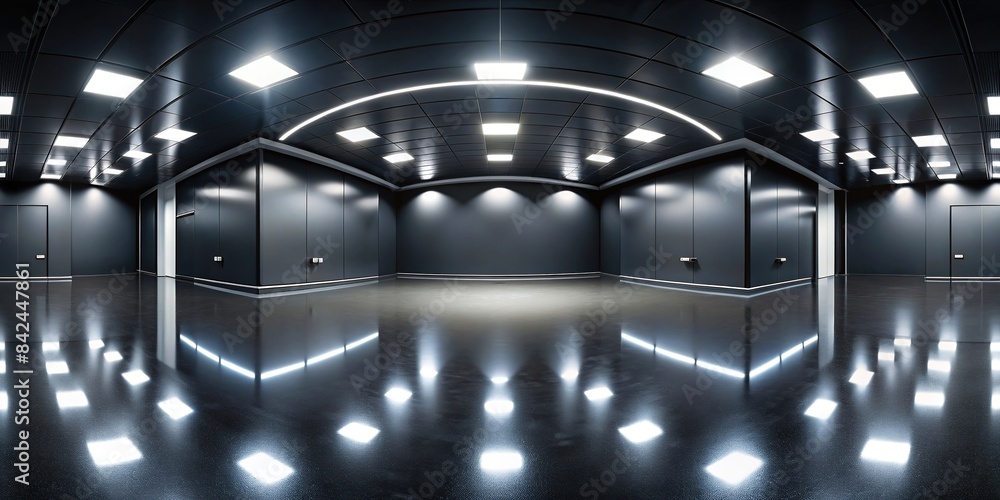 A stark, black minimalist studio with bright, perfectly reflected ...