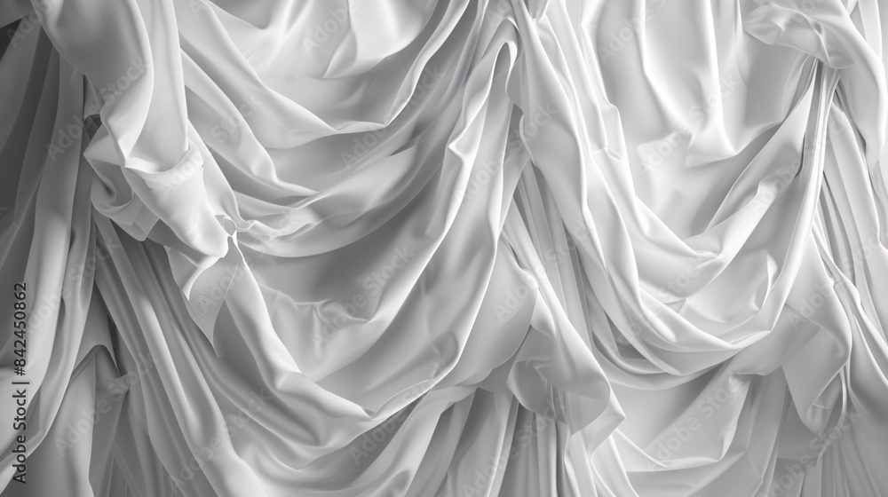 Seamless white fabric draped elegantly, creating a sense of depth and ...