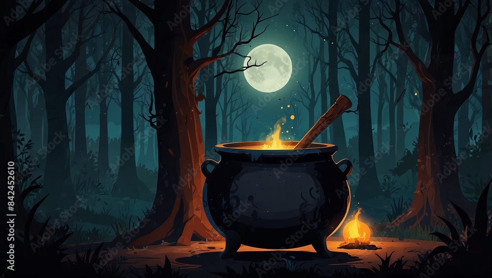 Witch cauldron in night forest Halloween spooky scene Wizard pot with ...