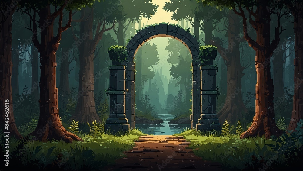 portal in the forest in pixel art game background, magic gate portal ...