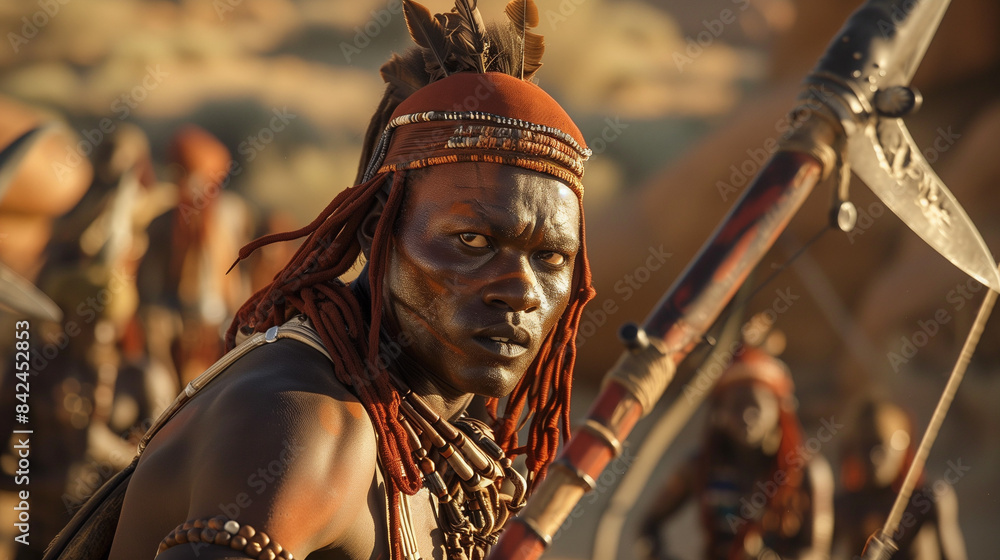 Members of the Himba Tribe are hunting in the Namibian desert, wearing ...