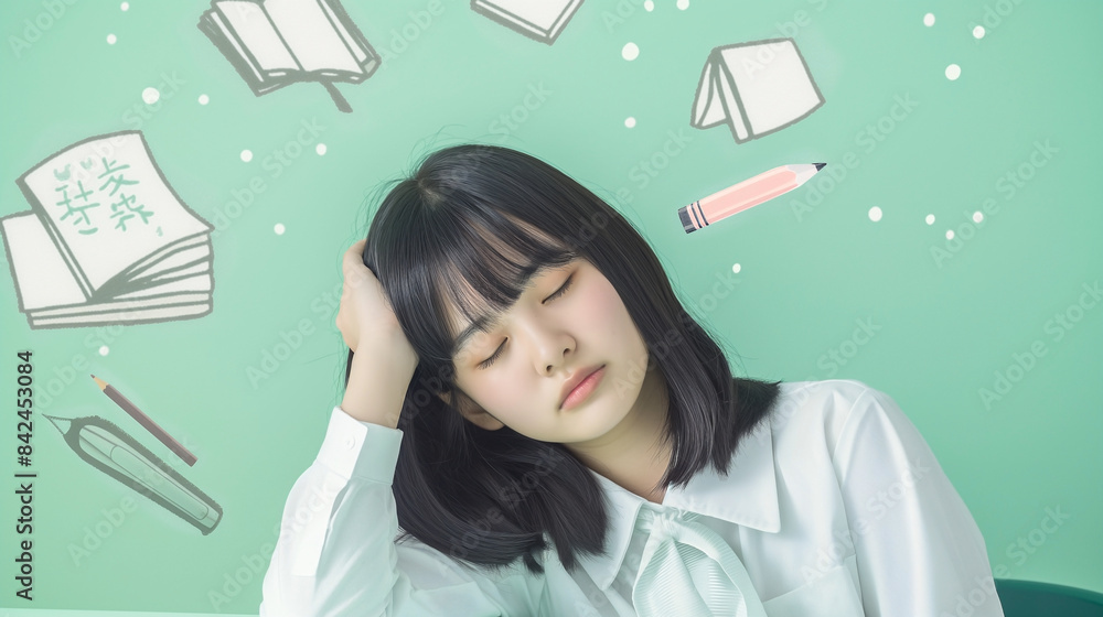 Japanese school girl in a white school uniform, taking a nap by resting ...