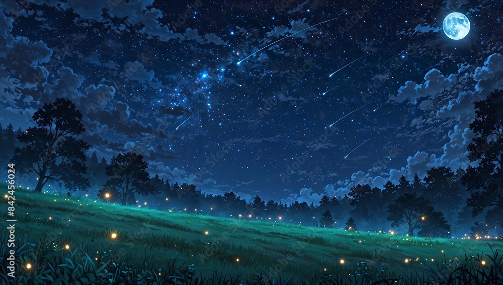 Starry night sky over a quiet meadow, with fireflies and a full moon ...