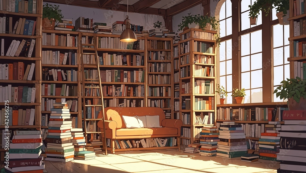 Whimsical 2D bookshop with stacks of books and cozy reading nooks for ...