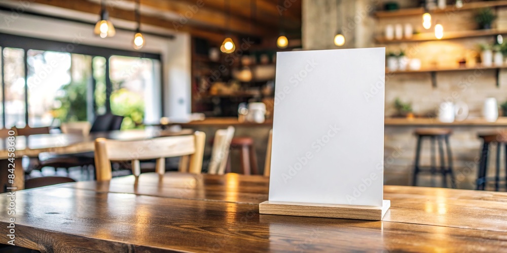 A blank white menu sign poster mockup display paper sits on a clean ...