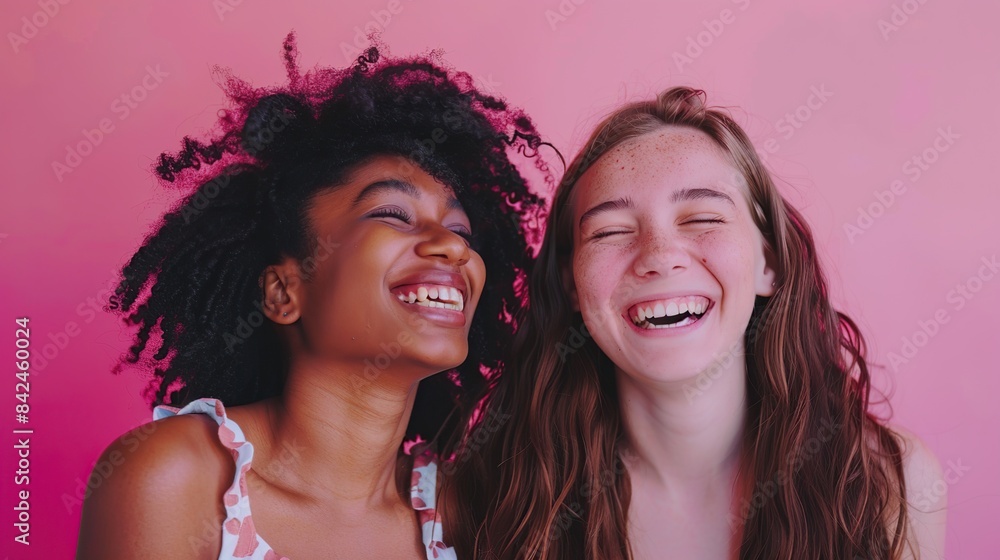 Two curly haired women were smiling and laughing together. The scene is ...