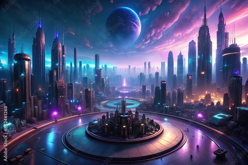 Seamless 360 panoramic HDRI of futuristic Cyberpunk Night City Tron ...