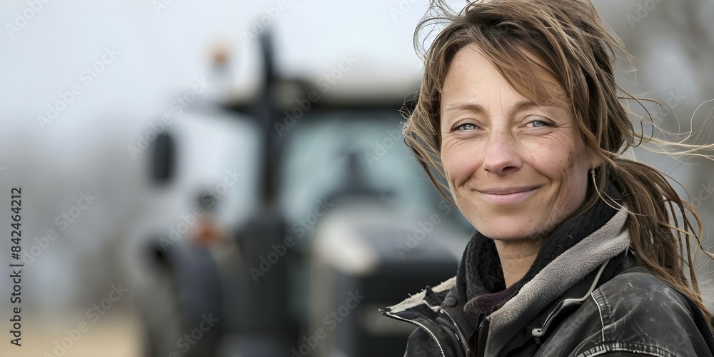 Middleaged female farmer smiling with farm tractor in background on her ...
