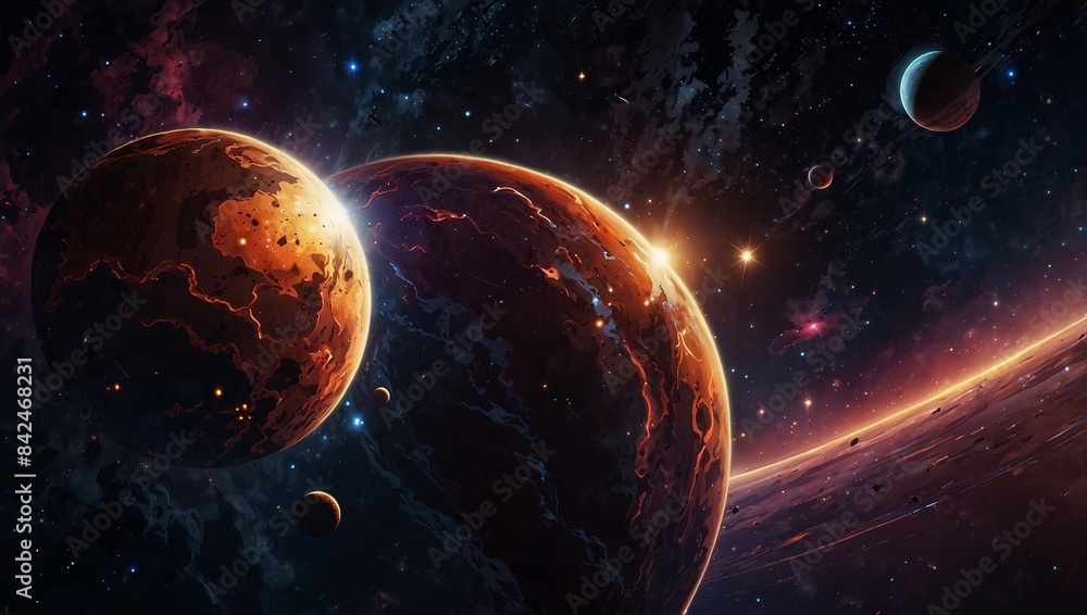 Parallax background planets in outer space with satellites, exploding ...