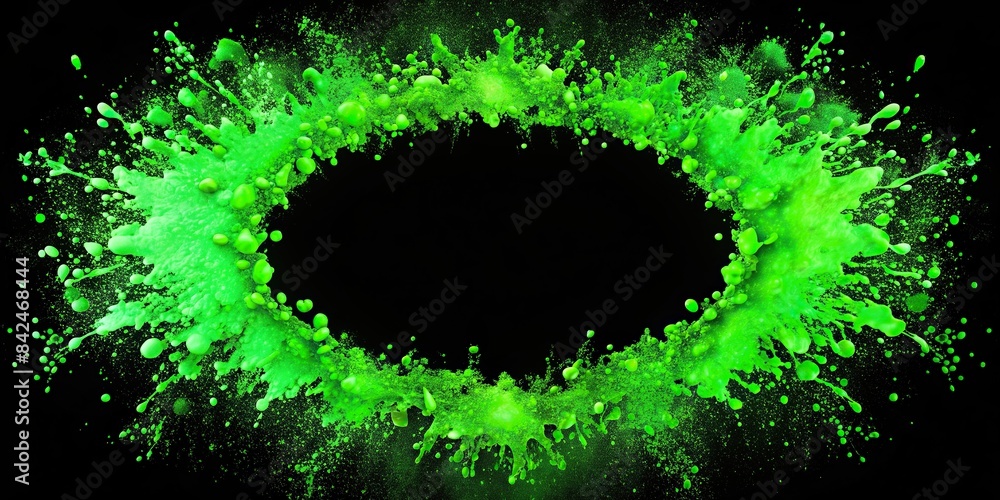 A vibrant green paint splatter explodes across a stark black background ...