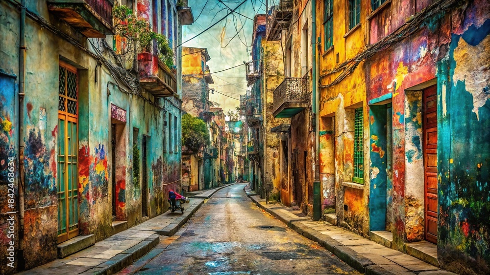 A vibrant and chaotic street scene where layers of vintage wallpaper ...