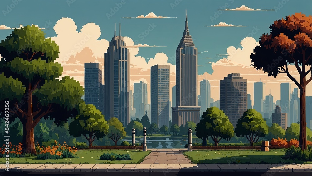 Pixel art 8 bit urban landscape with park on city background for retro ...