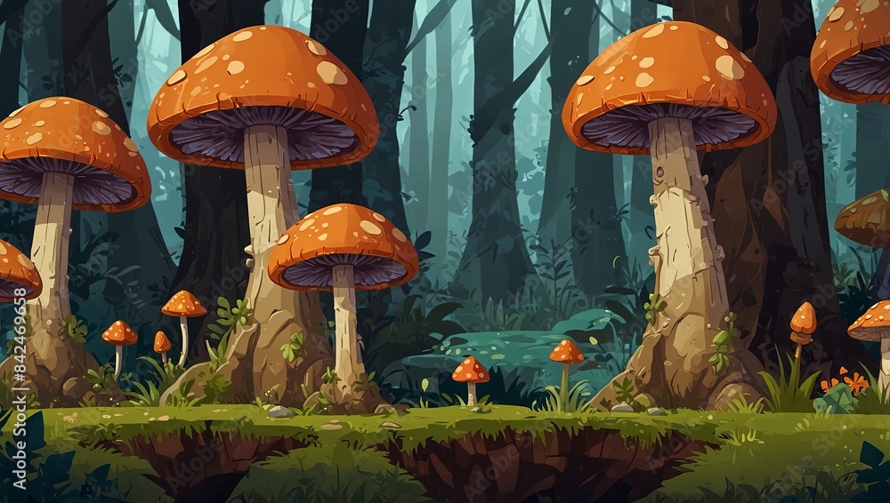 Mushroom forest level background asset, giant fungi, platformer game ...