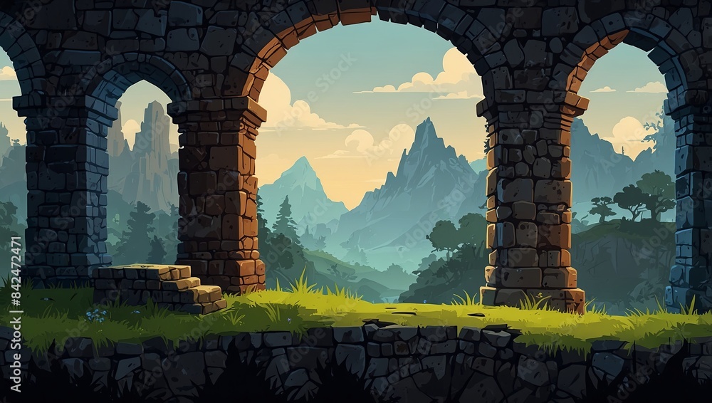 Platformer game backdrop with stone ruins and grassy terrain. 2d style ...