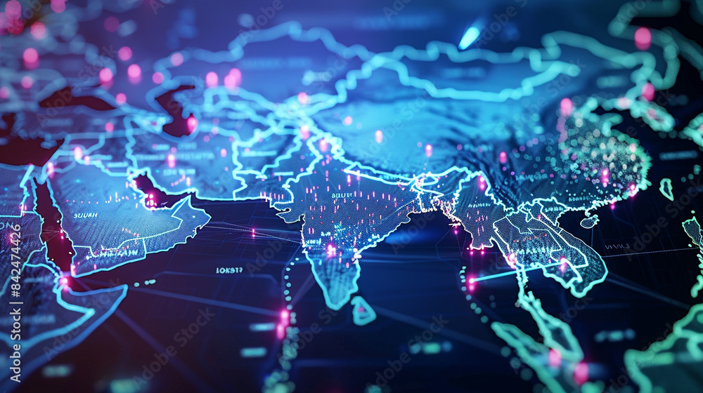 Futuristic map of South Asia highlighting major digital connectivity ...