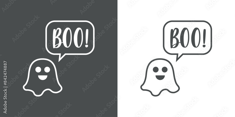 Logo con fantasma para invitaciones y tarjetas de Halloween. Silueta de ...