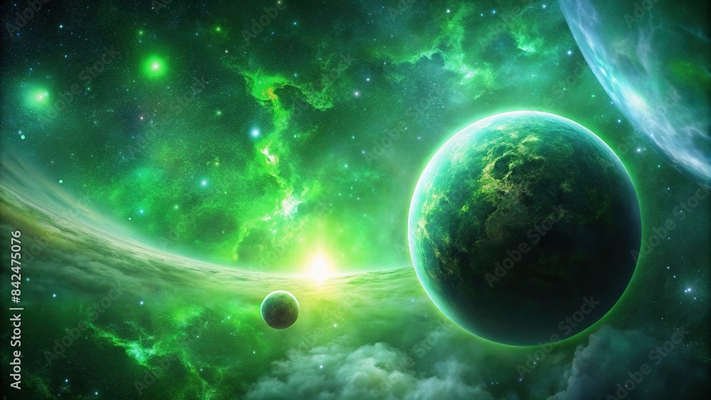 A vibrant green nebula swirls around a lone planet, its surface ...