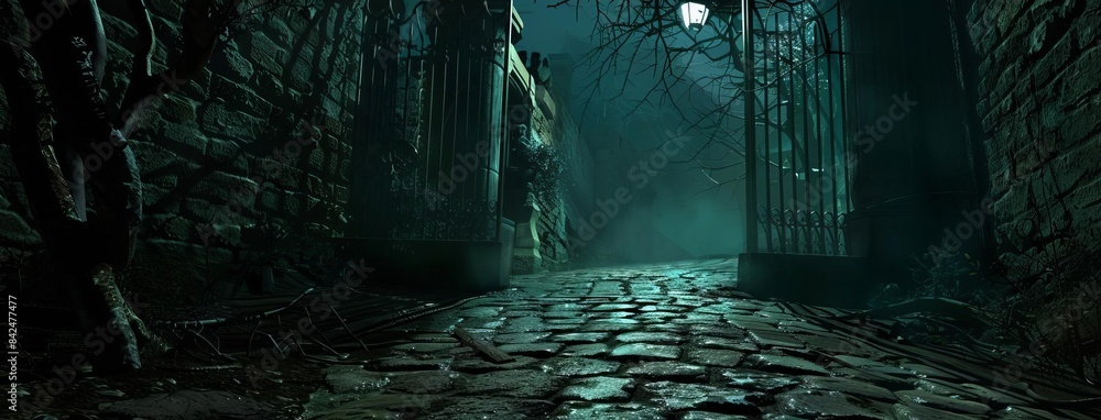 Creepy alleyway seen from a worms-eye view, cracked pavement, twisted ...