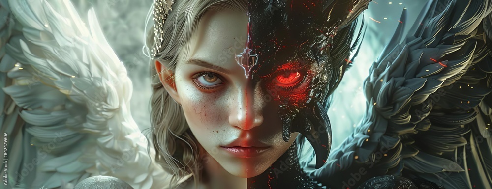 Eye-level angle portrait of angel and devil girls, featuring detailed ...