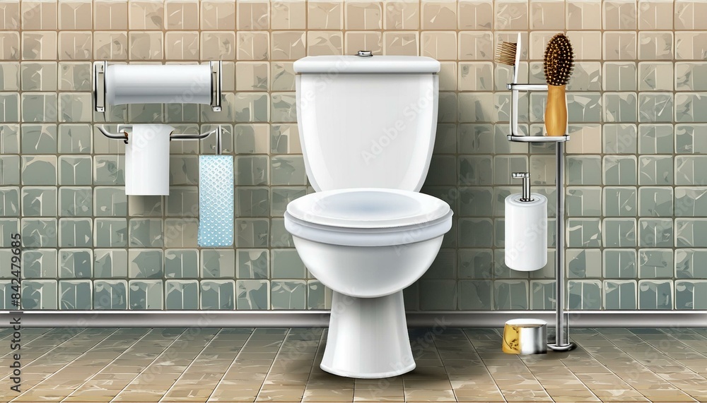 Modern toilet room interior 3d realistic mockup with tiled walls and ...