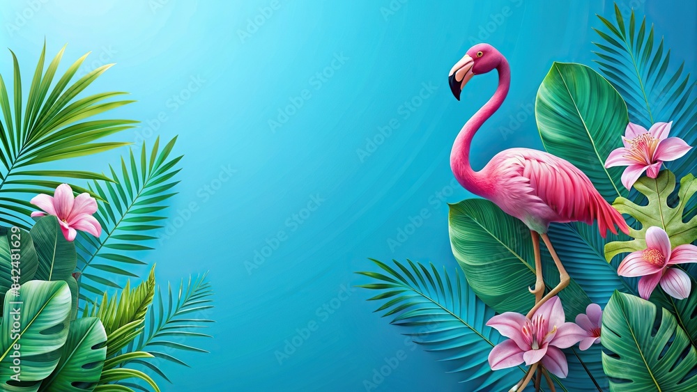 Exotic tropical summer background with pink flamingo, tropical leaves ...