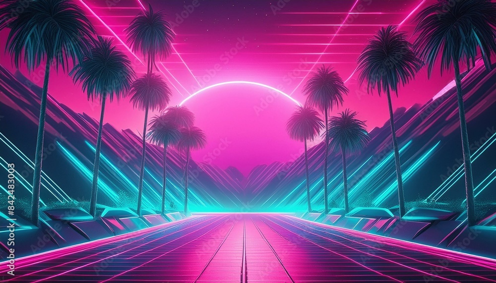 Neon pink and teal 80s retro design with tropical palm leaves. Concept ...