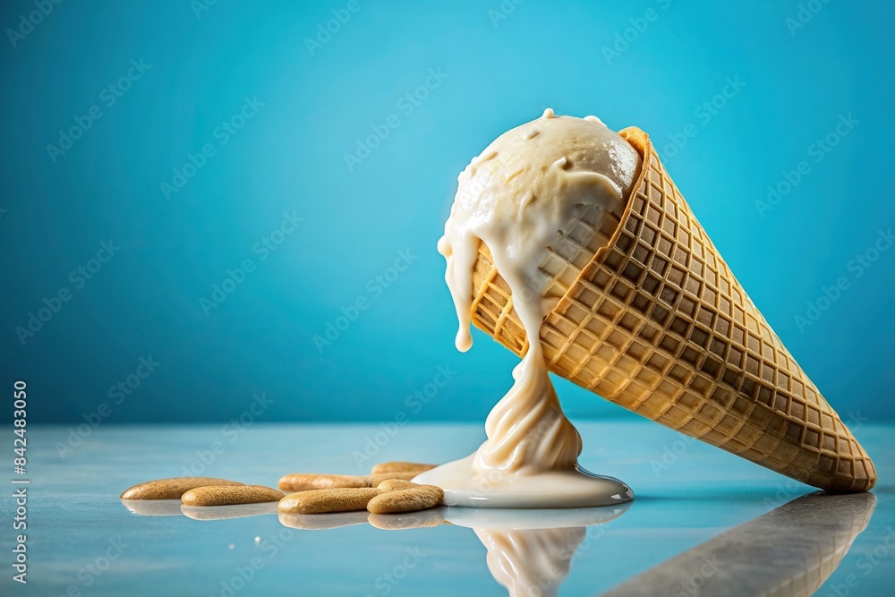 A melting ice cream cone drips down the side, with the ice cream ...