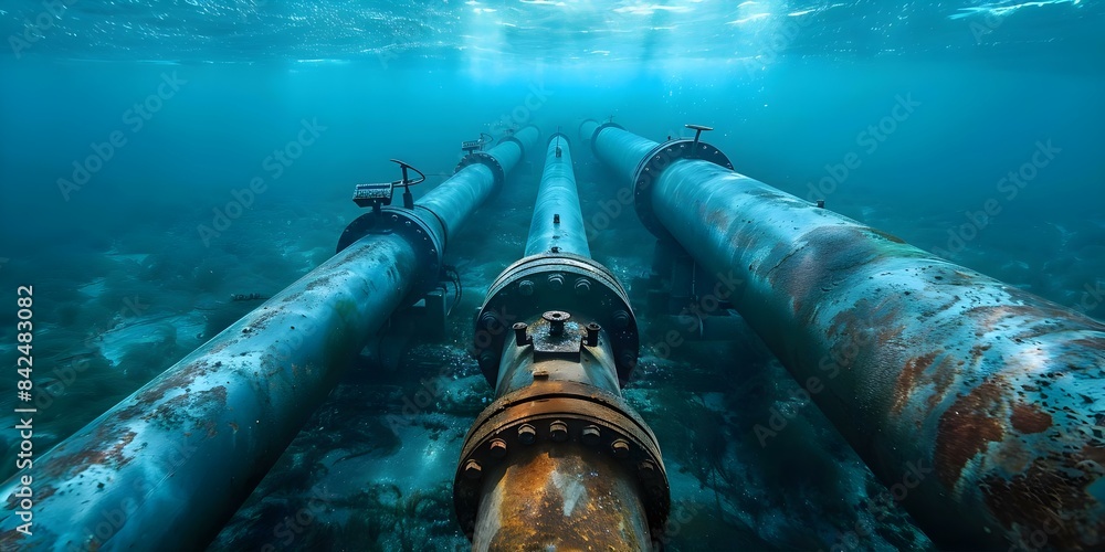 Oil pipeline infrastructure in blue ocean with subsea equipment on sea ... Oil pipeline infrastructure in blue ocean with subsea equipment on sea ...