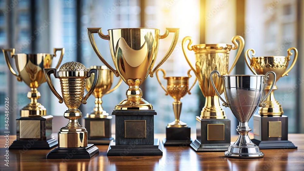 Variety of corporate award trophies on display table, corporate, awards ...