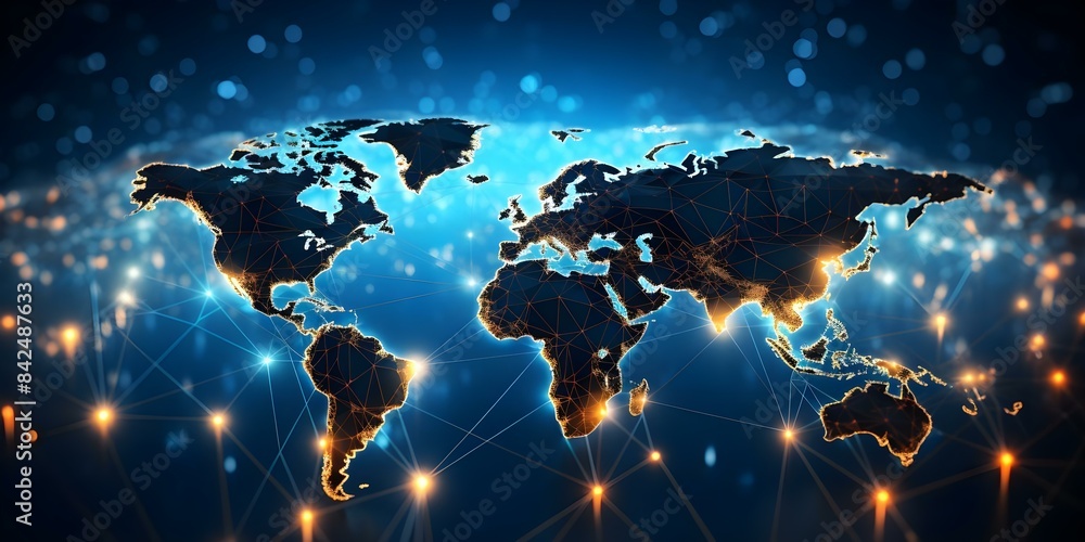 World map with interconnected points and lines representing global ...