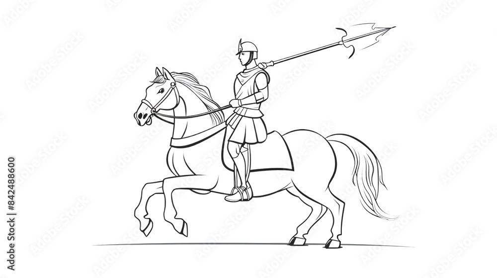 Continuous one line drawing of roman knight ridding horse with spear ...