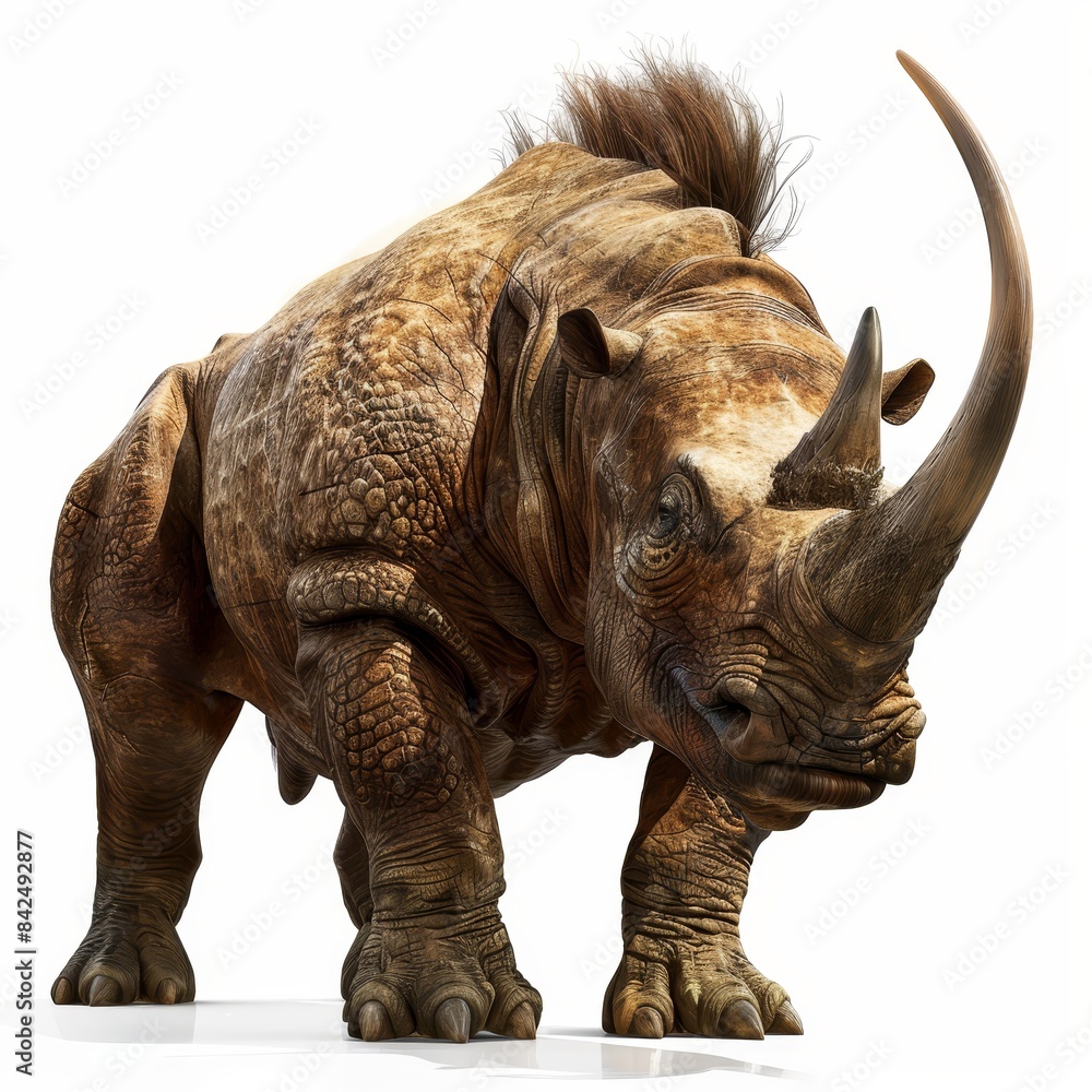 Realistic depiction of a powerful woolly rhinoceros with large horns ...